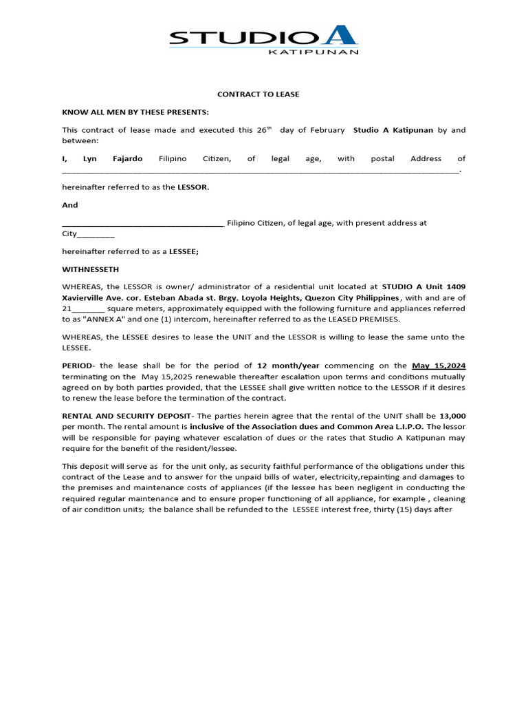 Studio-A-Contract-of-Lease 3309 | PDF | Lease | Leasehold Estate