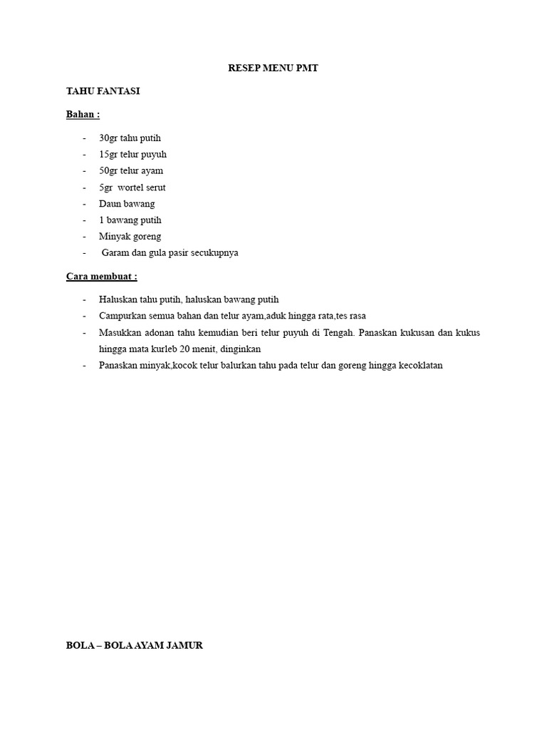 Resep Menu Pmt Hari Ke 2 | PDF