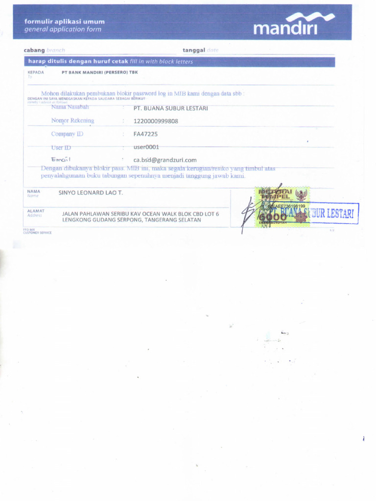 Mandiri Unlock MIB Form 1 | PDF