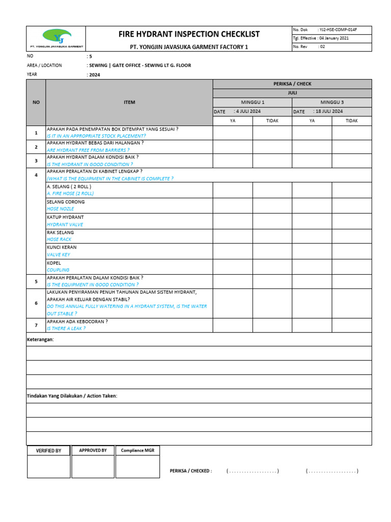 Fire Hydrant Inspection Checklist: Pt. Yongjin Javasuka Garment Factory ...