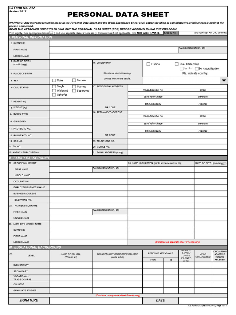 Personal Data Sheet CS Form No. 212 Revised 2017 | PDF | Passport ...