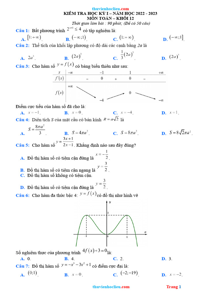 De Thi HK1 Toan 12 Nam 22 23 de 6 | PDF