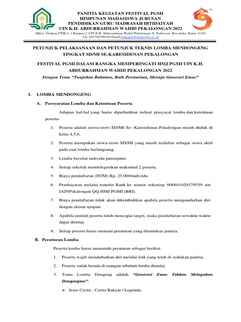 Juklak Juknis Lomba Mendongeng Mi SD 2022 - Festival Pgmi | PDF