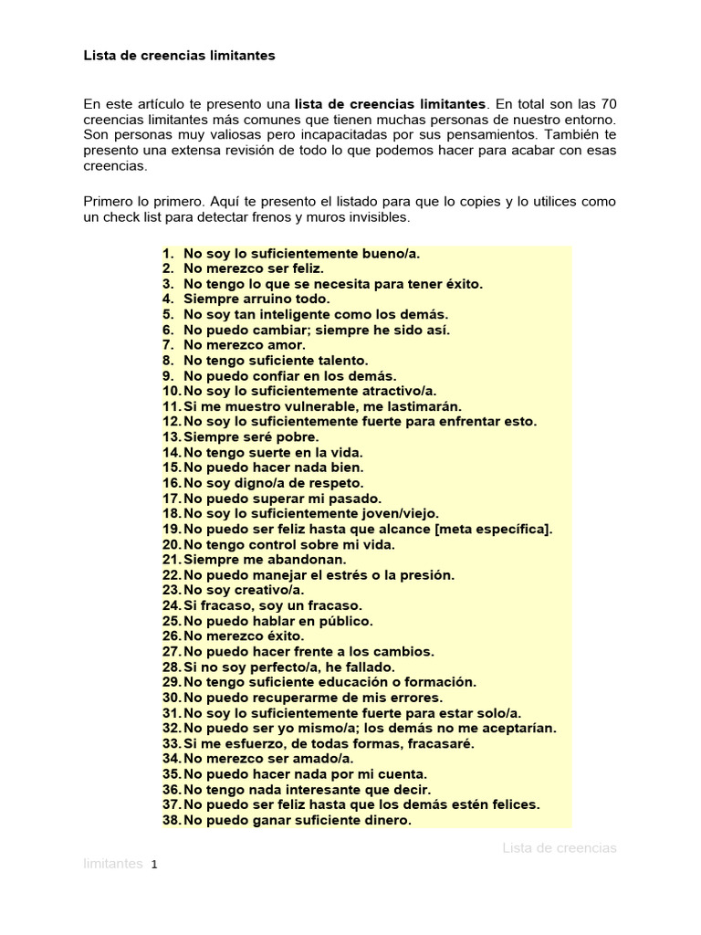 Lista de Creencias Limitantes | PDF | Mente | Autoestima
