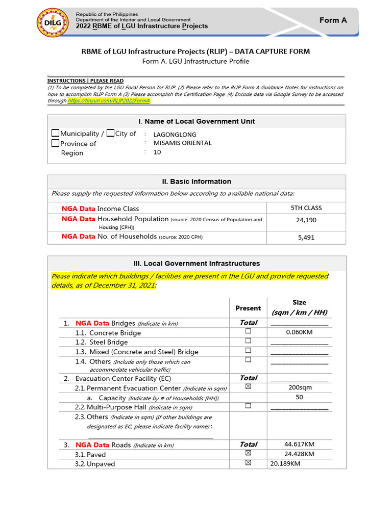 RLIP Form A LGU Infrastructure Profile Locked 2 2 | PDF | Economies