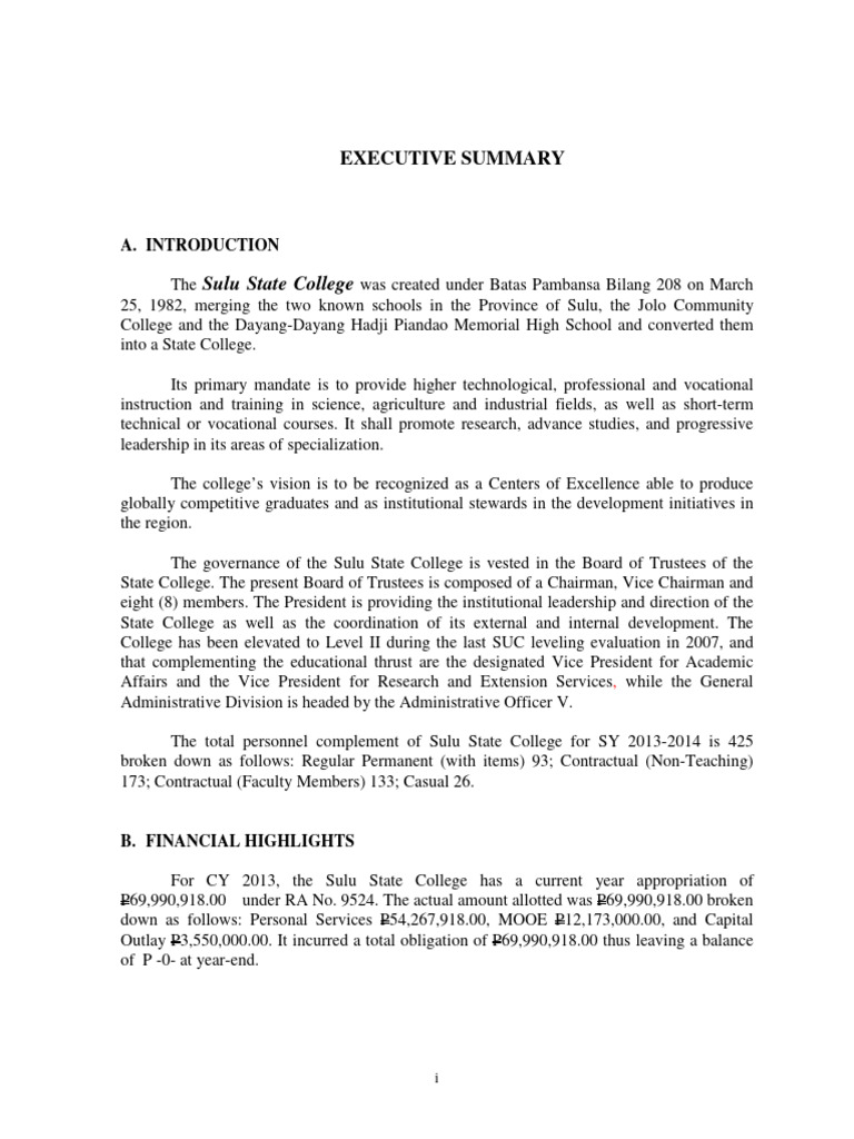 Sulu State College Executive Summary 2013 | Download Free PDF ...