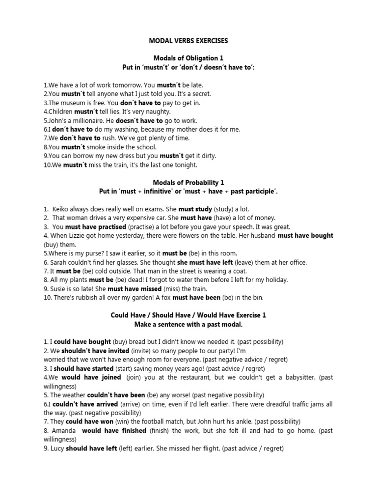 Modal Verbs Exercises | PDF | Verb | Linguistic Typology
