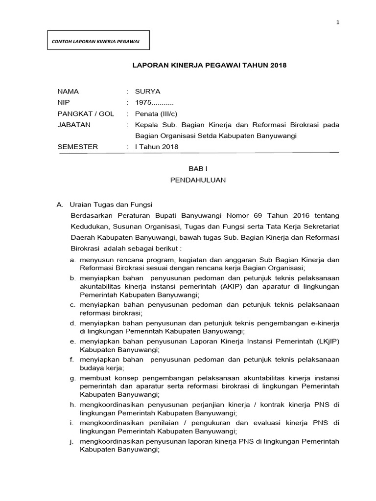 Contoh Lapkin PJBT Non Ka SKPD Semester 1 | PDF