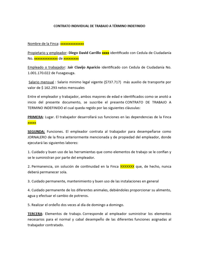 Contrato Individual de Trabajo A Término Indefinido Finca | PDF | Derecho laboral | Salario