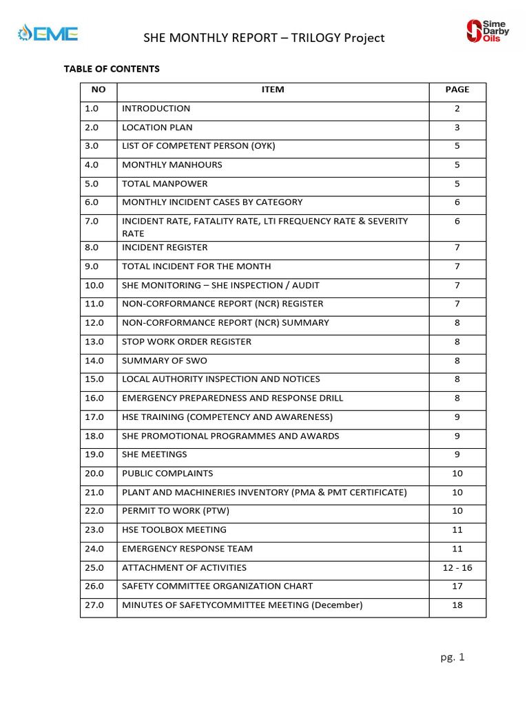 SHE Monthly Report - Trilogy Project | PDF