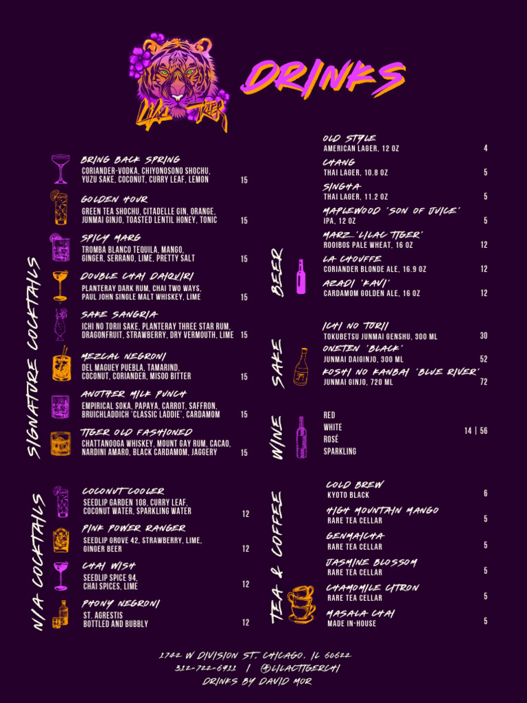 Lilac Tiger Drink Menu Overview | PDF | Thai Cuisine | Chutney