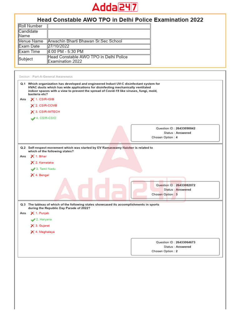 SSC Delhi Police HC AWO TPO Question Paper With Answer Key Oct 2022 English Medium Compressed ...