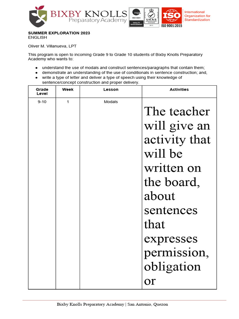 Lesson Outline-Summer Exploration 2023 ENGLISH 9-10 | PDF | Linguistics ...