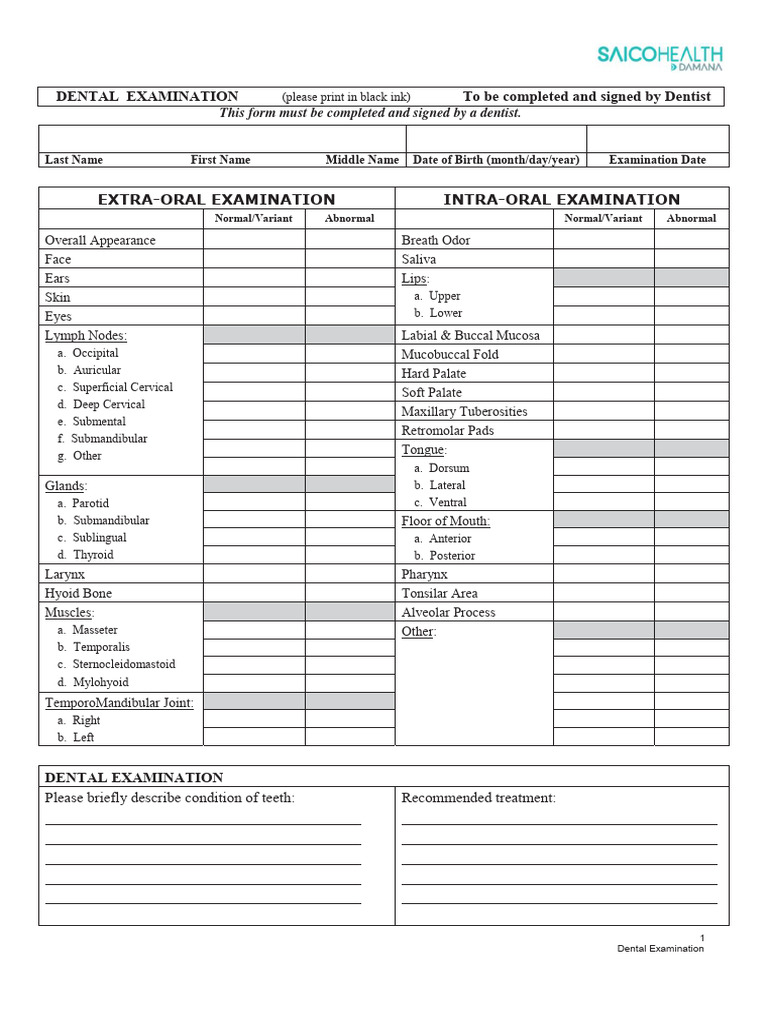 Dental Exam & Periodontal Chart Form | PDF | Dental Anatomy | Dentistry
