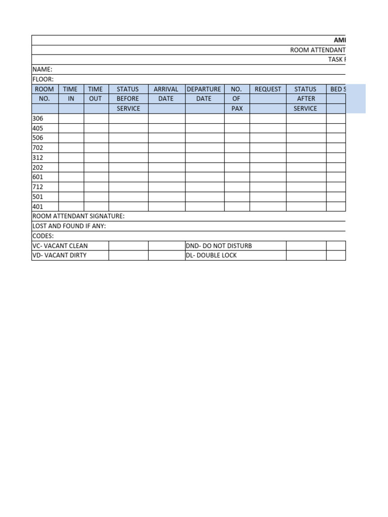 Housekeeping Daily Assignment Sheet | PDF