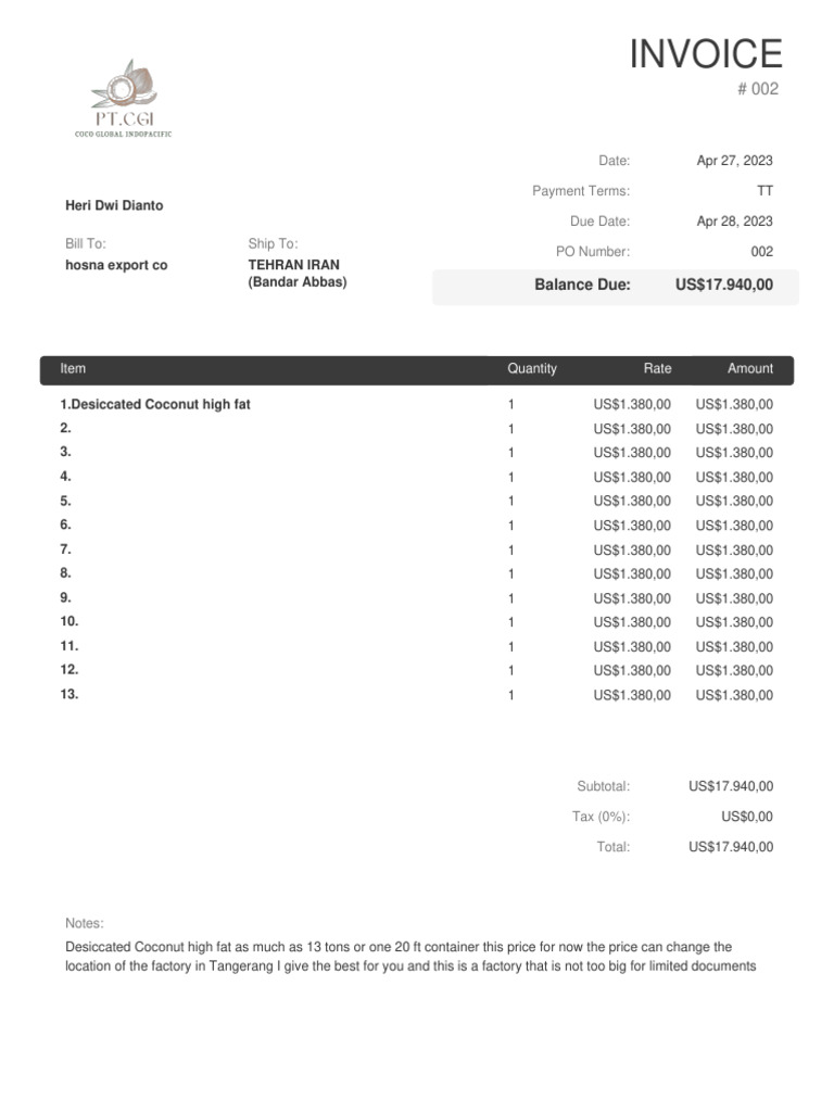 Invoice Desiccated Coconut # 002 | Download Free PDF | Money ...