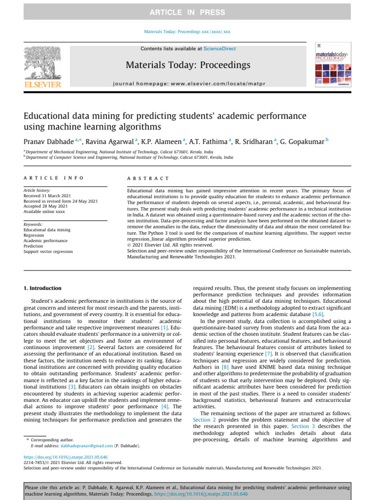 Educational Data Mining For Predicting Studentsâ ™ Academic Performance Using Machine Learning ...