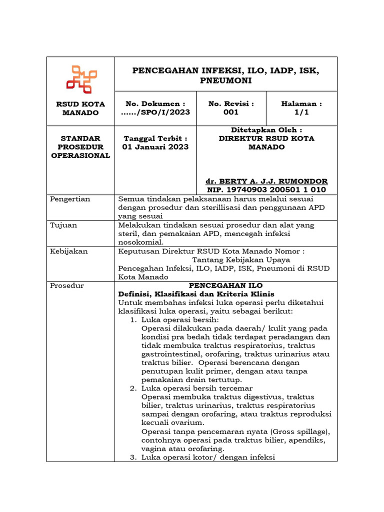 Spo Infeksi, Ilo, Iadp, Isk, Pneumoni Rsud Kota Manado | PDF