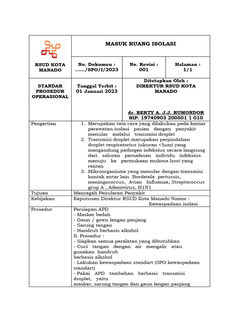 Spo Masuk Ruang Isolasi Rsud Kota Manado | PDF