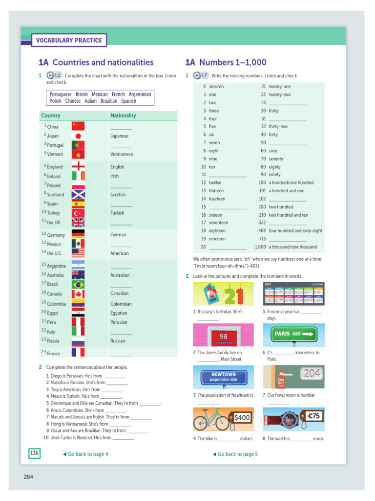 Vocabulary Practice: Countries & Numbers | PDF | Waiting Staff ...