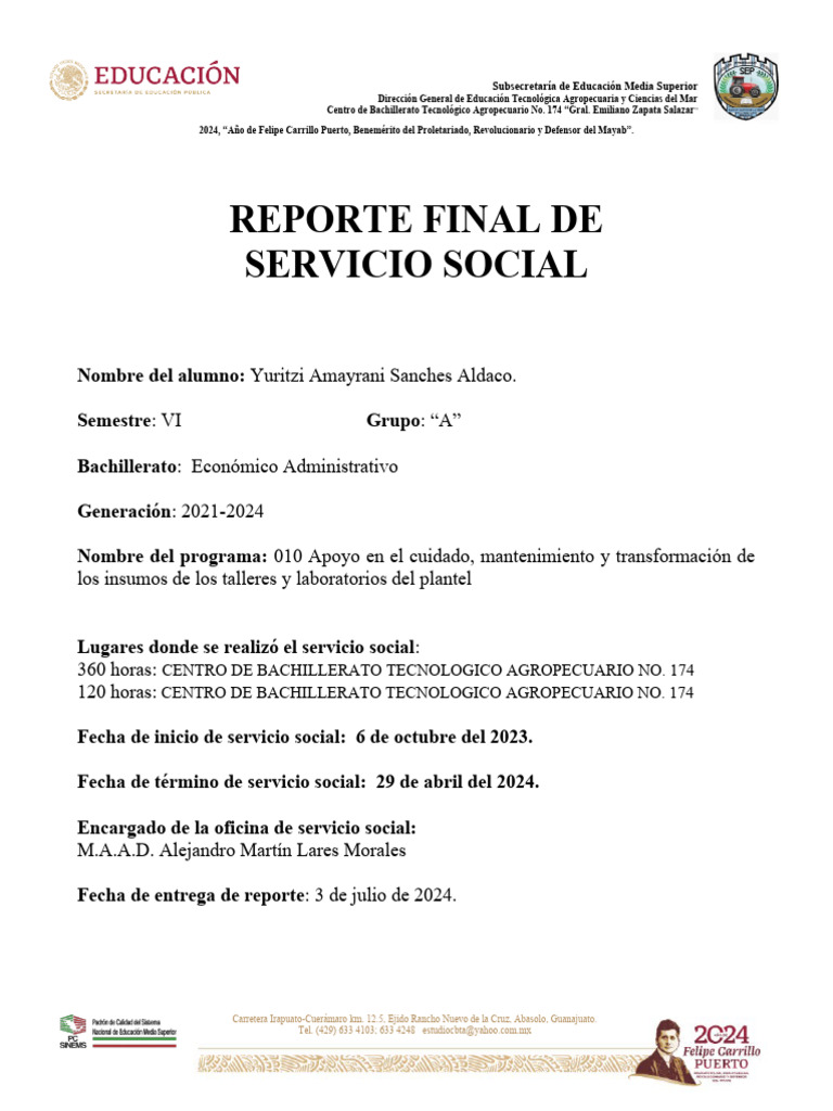 Formato de Reporte Final de Servicio Social | PDF
