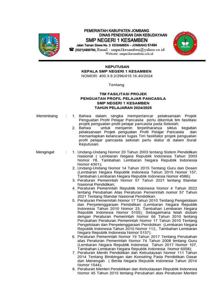 SK Tim Fasilitasi Projek Penguatan Profil Pelajar Pancasila | PDF