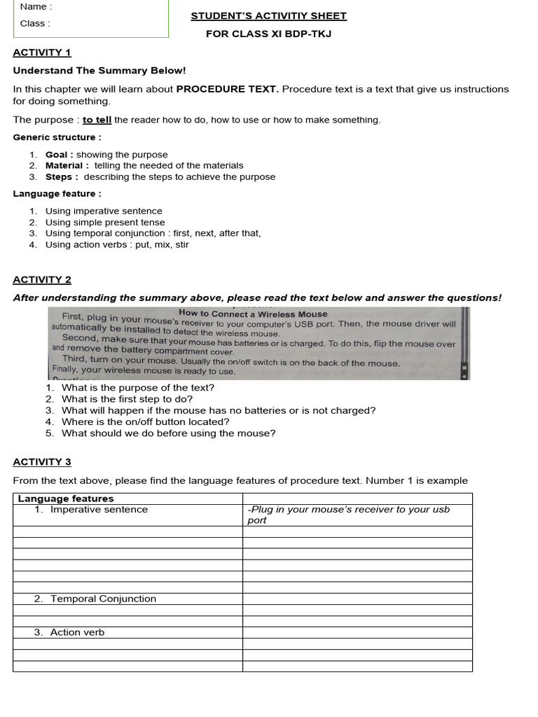 Student Activity Sheet Procedure Text | PDF | Language Arts ...