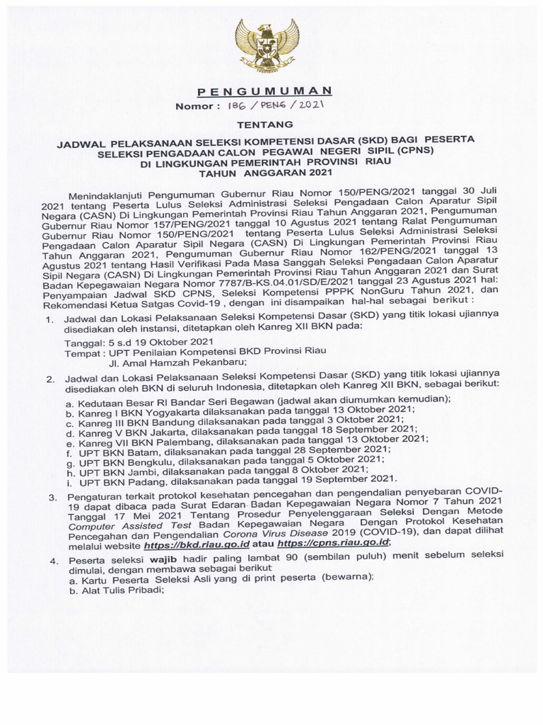 Pengumuman Jadwal SKD CPNS 2021 | PDF