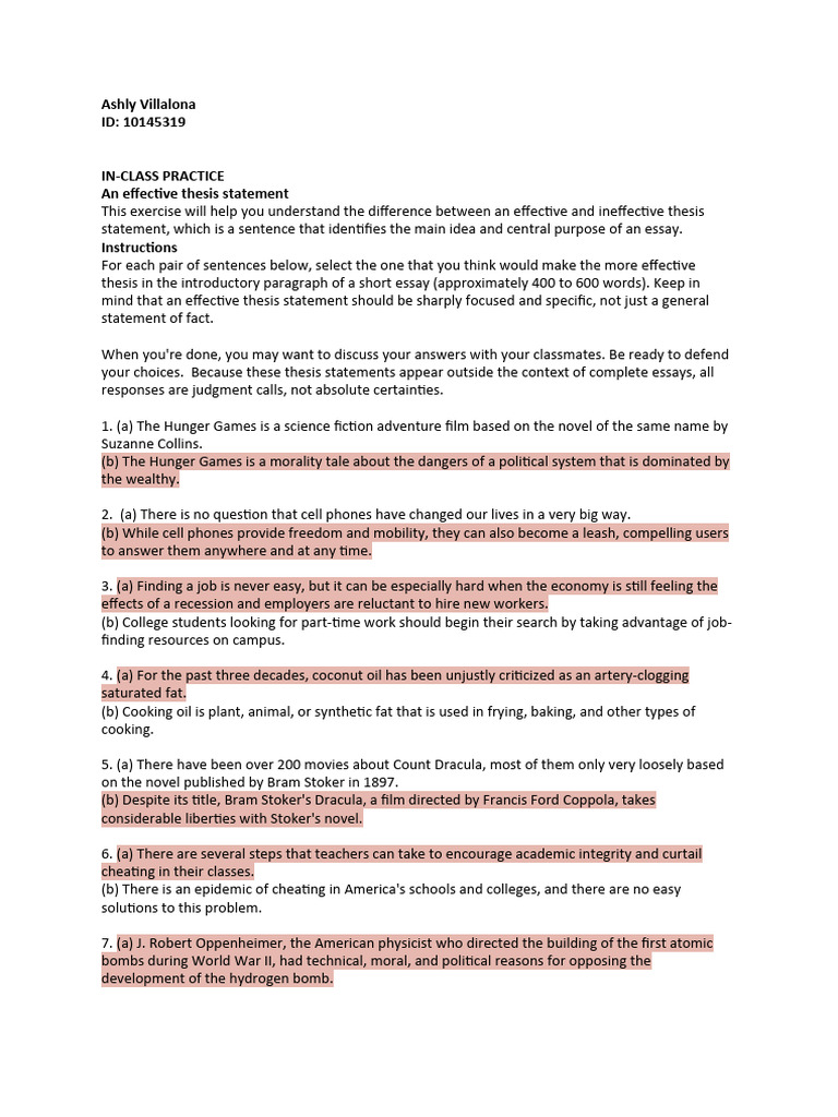 Effective Thesis Statement Practice | PDF | Bean