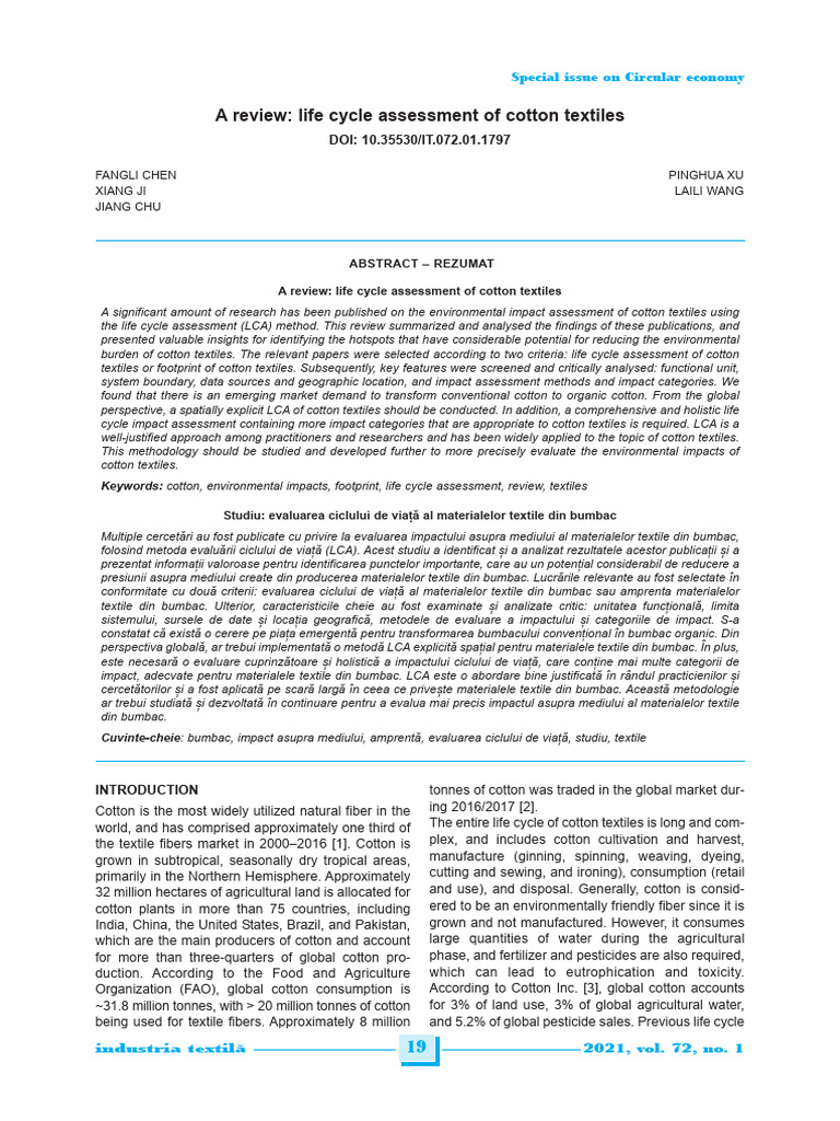 Life Cycle Assessment of Cotton Textiles | PDF | Life Cycle Assessment ...
