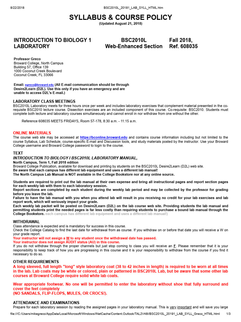 BSC 2010l-Lab-Syllabus | PDF | Biology | Life Sciences