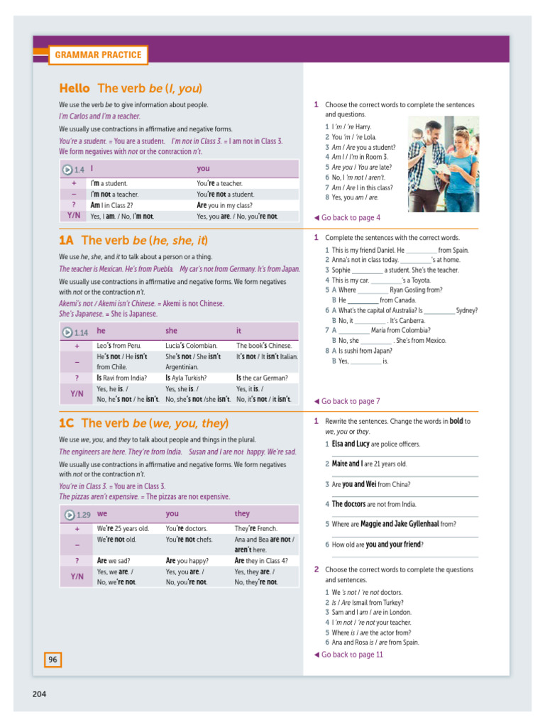 A1 Grammar Practice: Verb "Be" | PDF | Plural | Noun