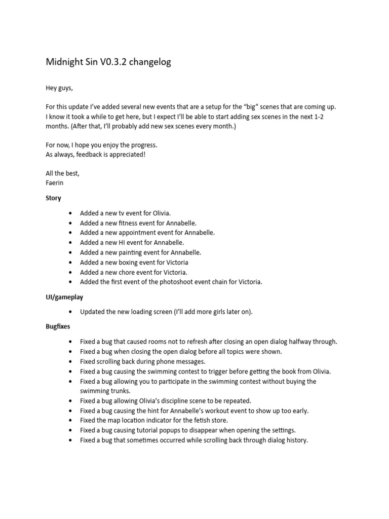 Midnight Sin V0.3.2 Update Changelog | PDF