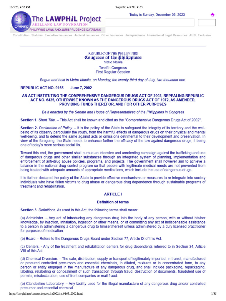 RA 9165 - Comprehensive Dangerous Drugs Act | PDF | Cannabis | Narcotic