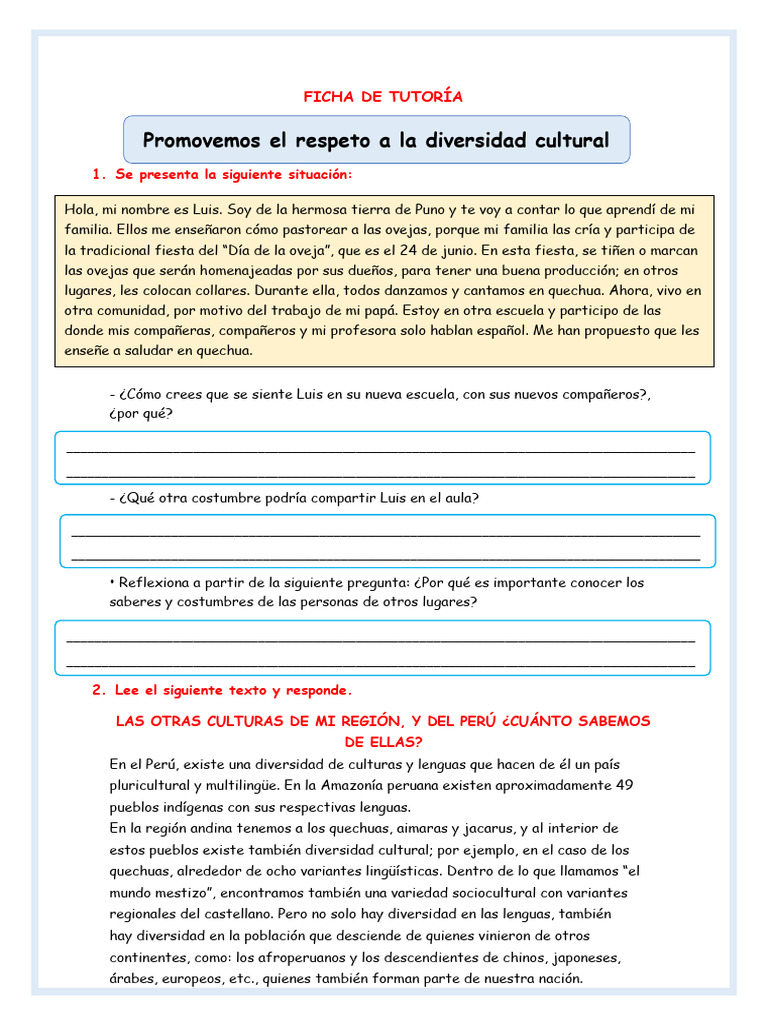 FICHA TUTO LUN 1 Promovemos El Respeto A La Diversidad Cultural | PDF ...