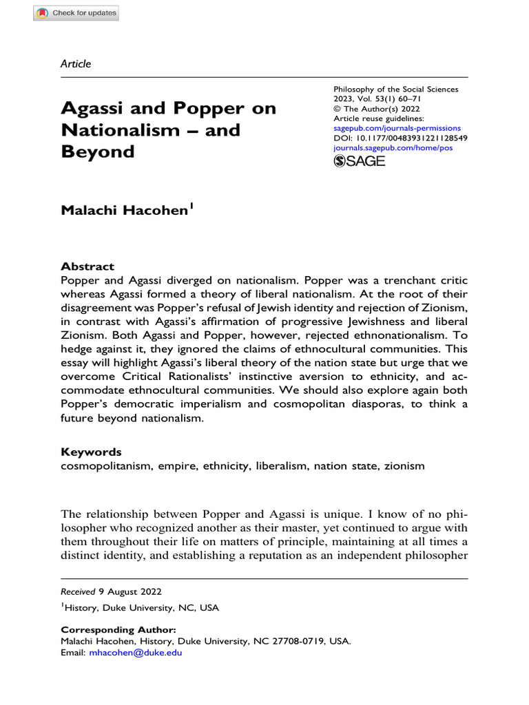 Hacohen 2022 Agassi and Popper On Nationalism and Beyond | PDF ...
