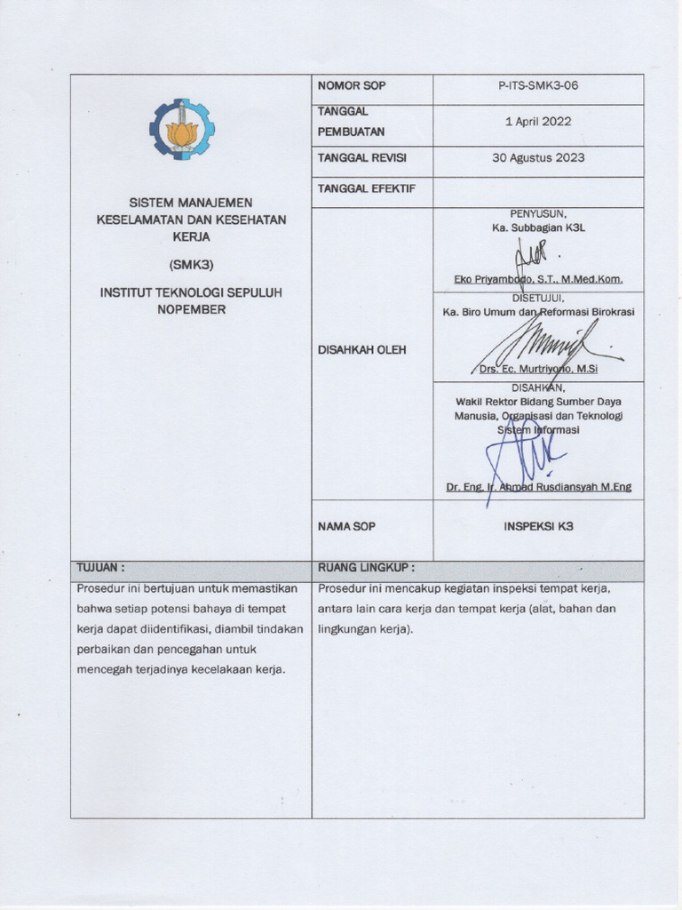SOP Inspeksi K3 2023 | PDF