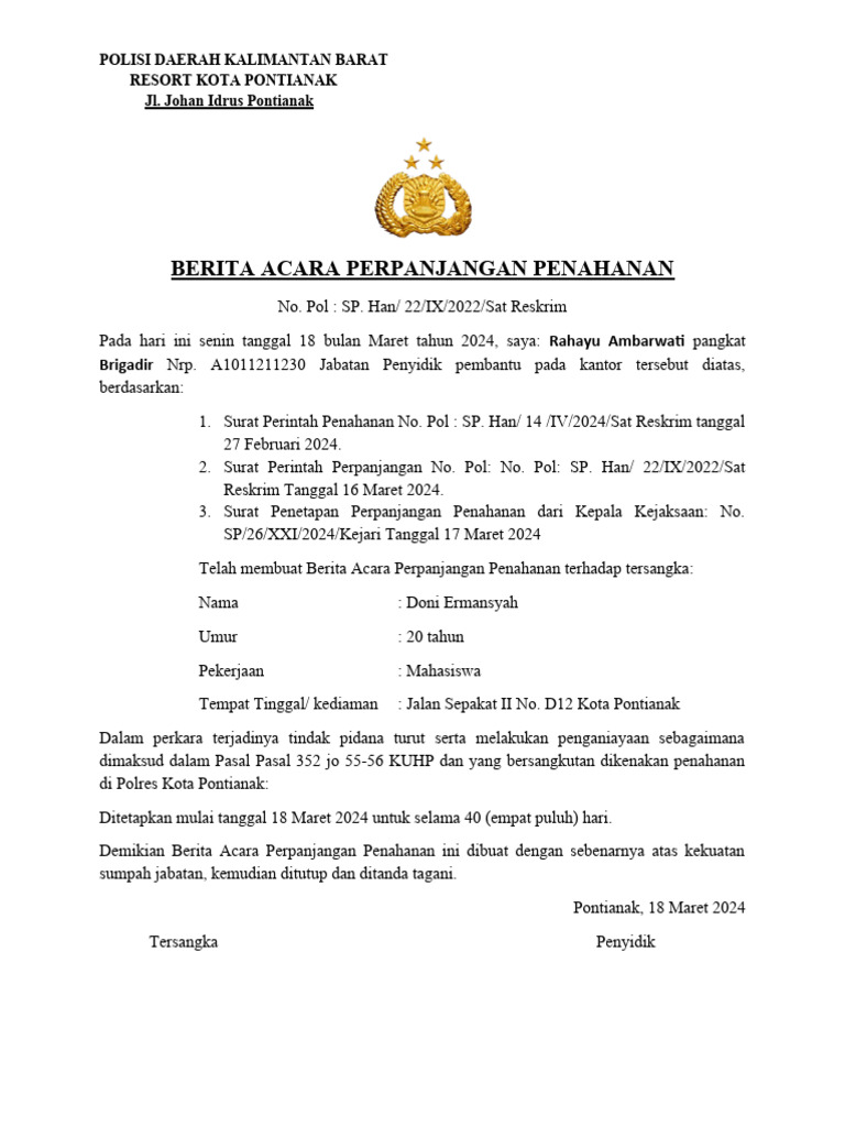 Berita Acara Perpanjangan Penahanan | PDF