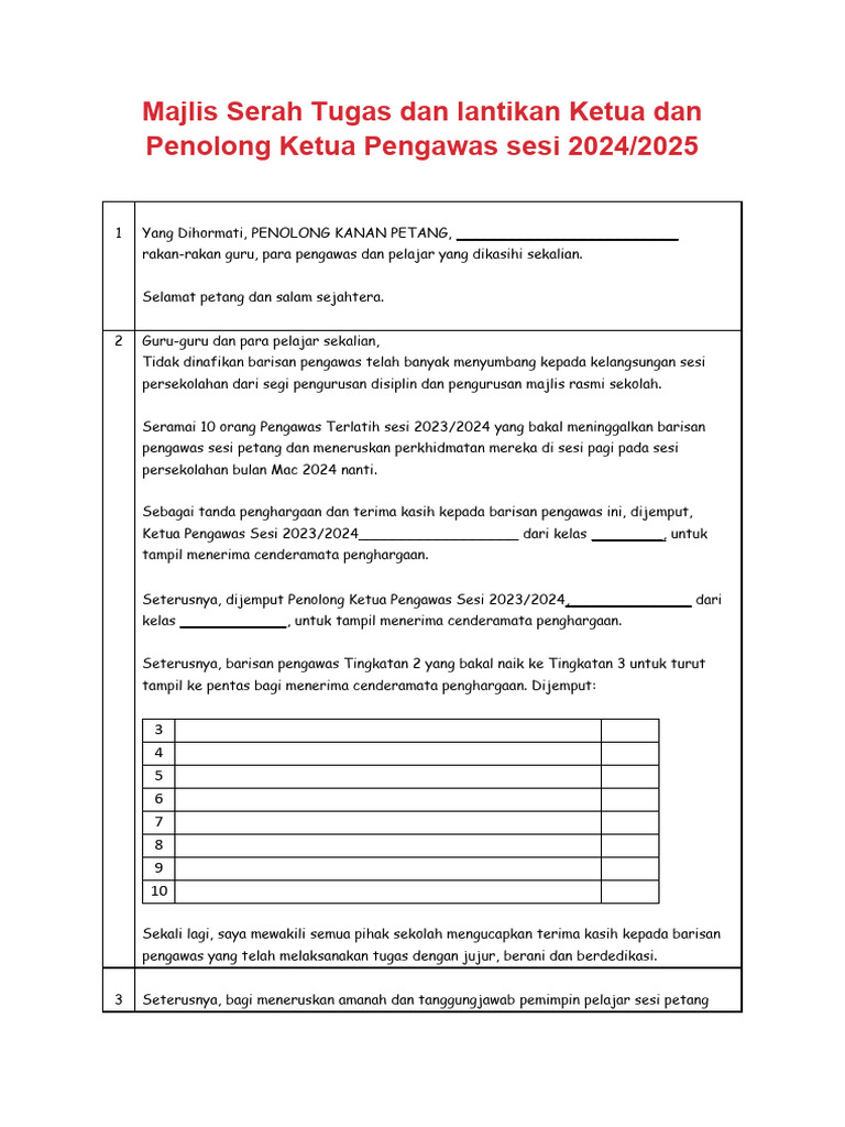 Skrip Majlis Serah Tugas KP Dan PKP Pengawas 2024 - Default | PDF | Karier & Perkembangan
