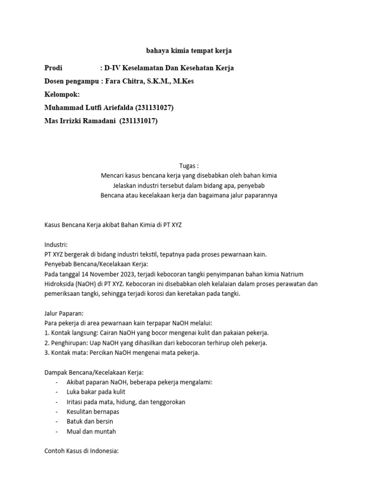 Bahaya Kimia Tempat Kerja, Tugas Kelompok Iki & Lutfi | PDF | Sains & Matematika | Teknologi ...