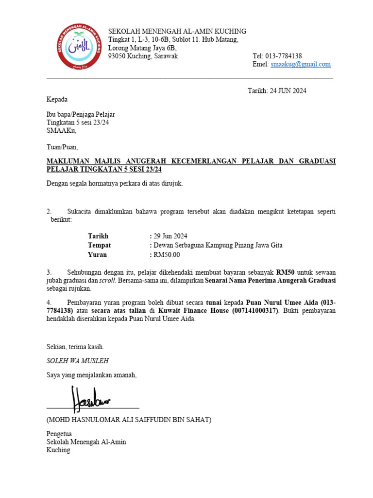 Surat Makluman Apc Yuran Graduasi 2023 - 2024 | PDF