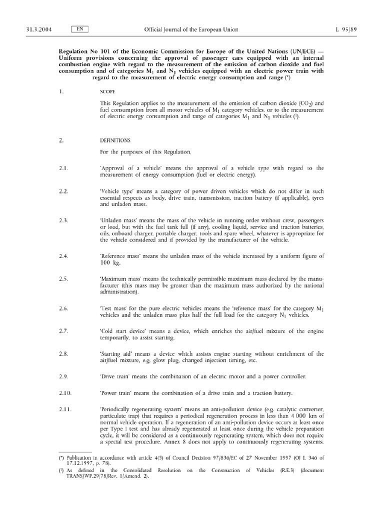 UNECE R101 CO2 Emissionfuel Consumption | PDF