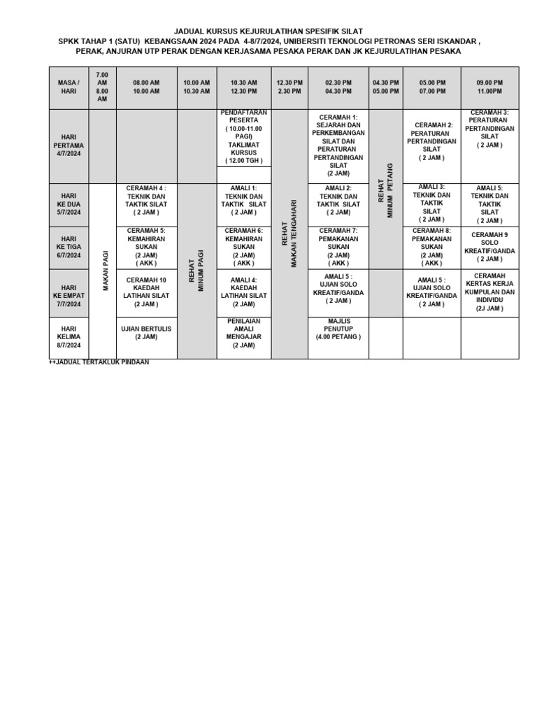 JADUAL KURSUS SPKK 1 - Utp Perak 2024 | PDF