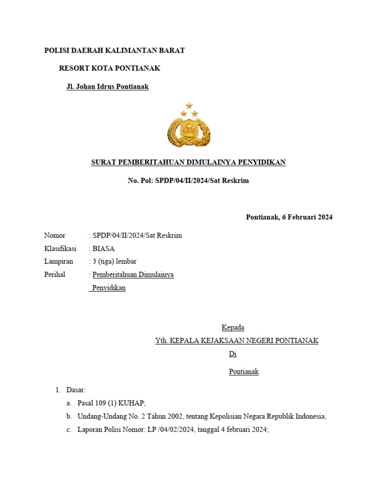 Surat Pemberitahuan Dilakukannya Penyidikan | PDF