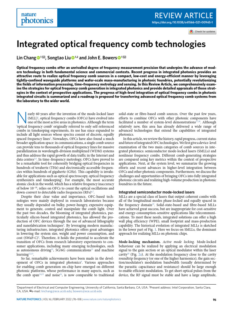 Integrated Optical Frequency Comb Technologies: Review Article | PDF | Dispersion (Optics) | Laser