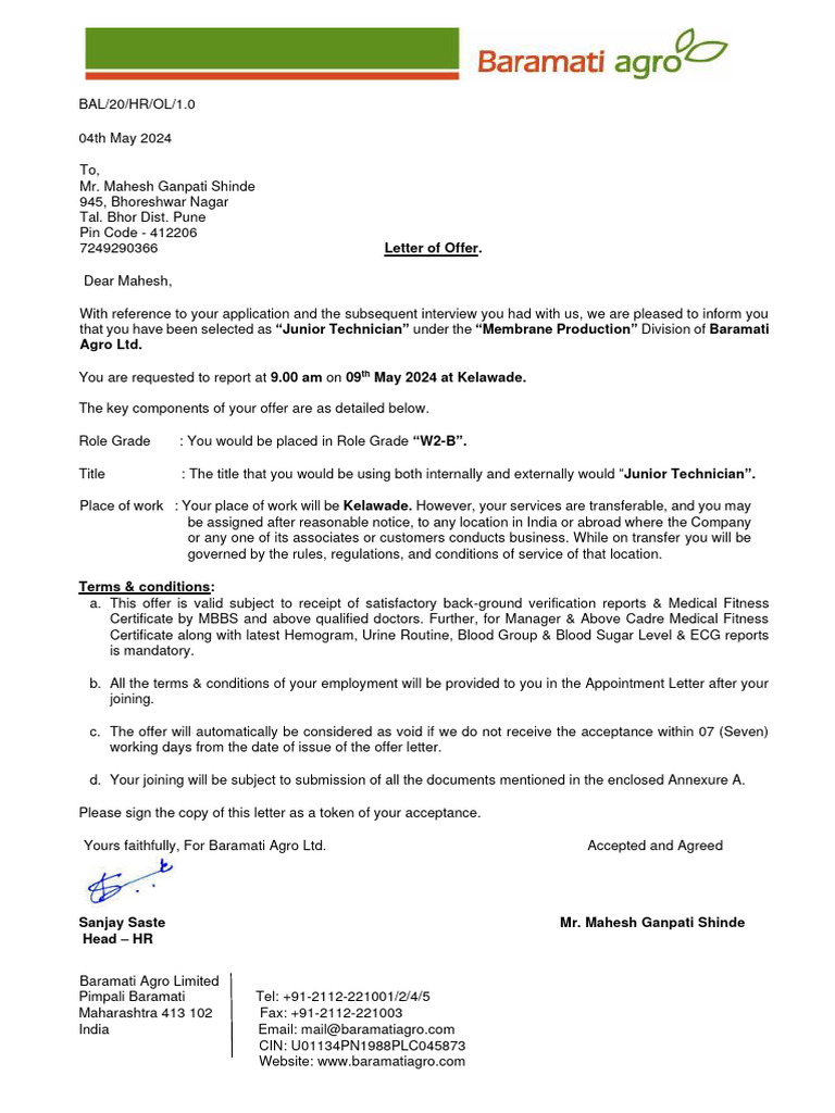 Offer Letter - Mahesh Shinde | PDF
