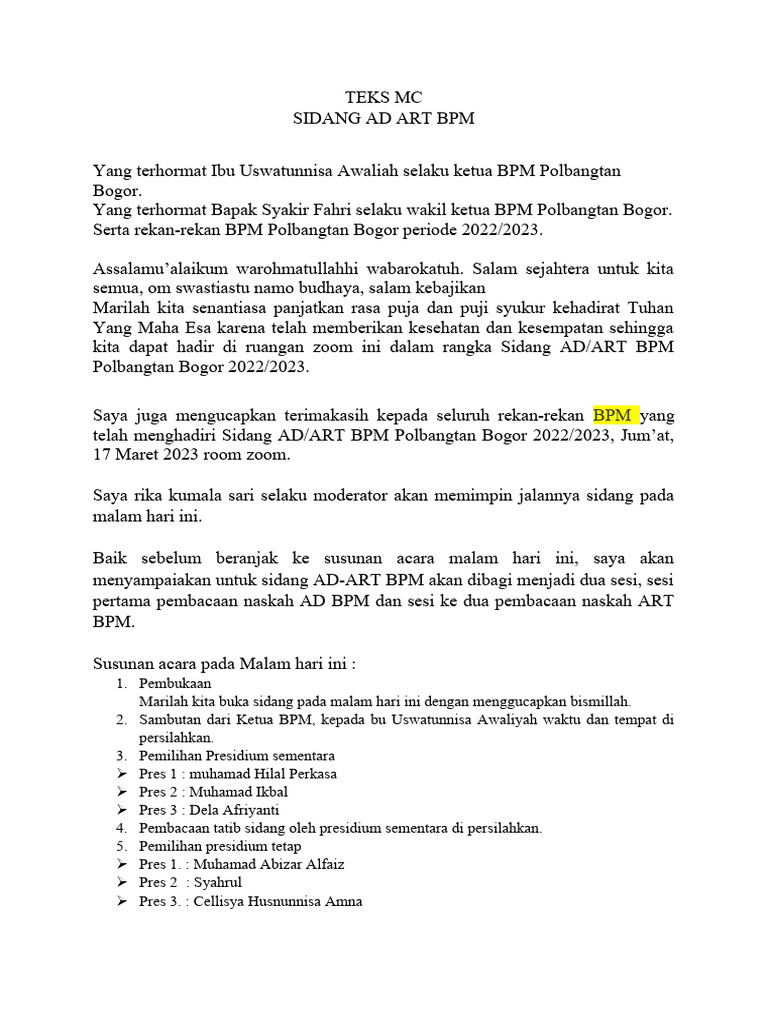 Teks MC Sidang Ad Art | PDF