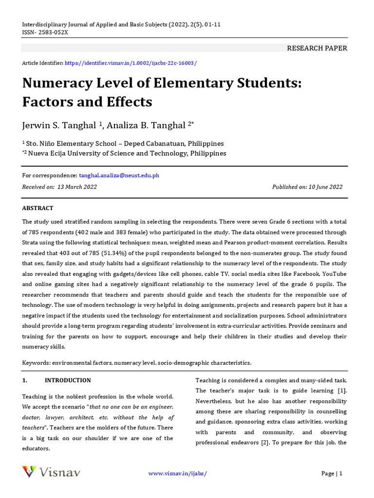 Numeracy Level of Elementary Students | PDF | Sampling (Statistics) | Teachers