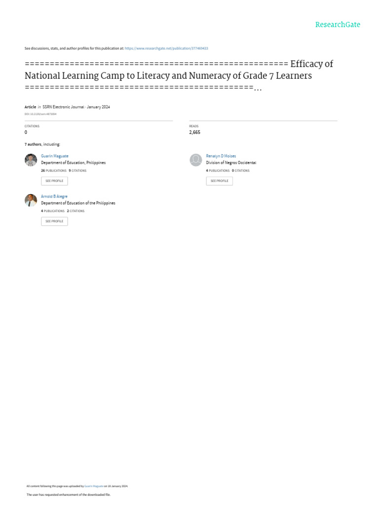 Efficacy of National Learning Camp To Literacy and Numeracy of Grade7 ...