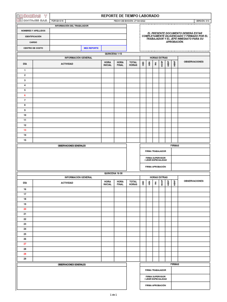 For-Gh-019 Reporte de Tiempo Laborado v10 | PDF